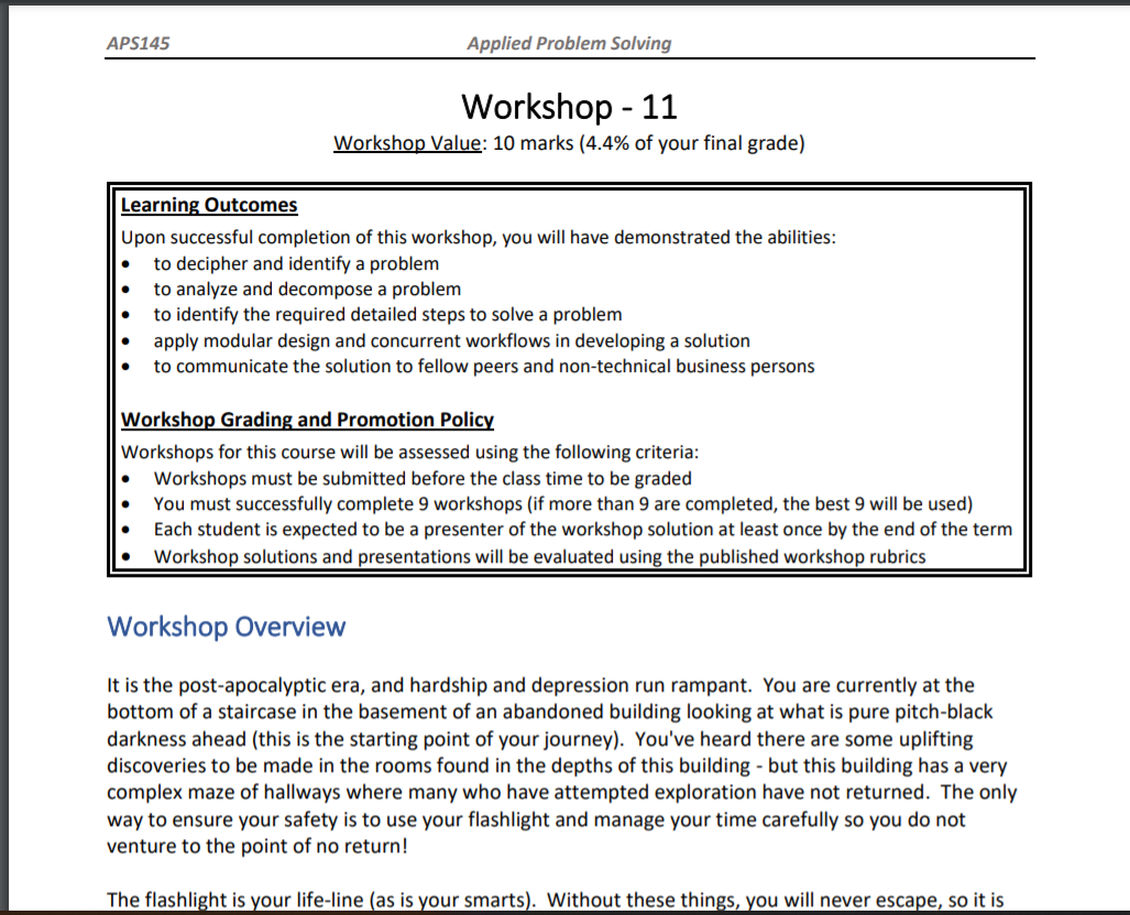 APS145 Applied Problem Solving Workshop - 11 Workshop | Chegg.com