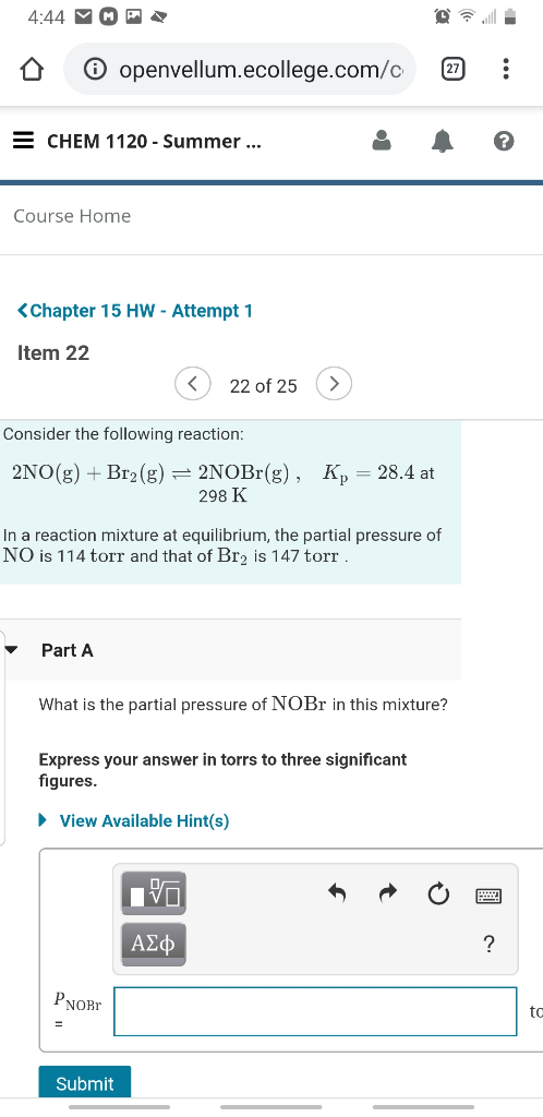 Solved 4:44 YMP openvellum.ecollege.com/ 27 = CHEM 1120 - | Chegg.com