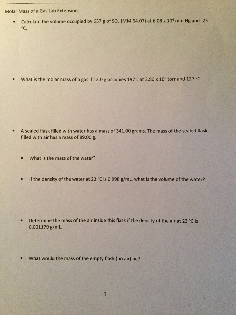 Solved Molar Mass of a Gas Lab Extension . Calculate the | Chegg.com