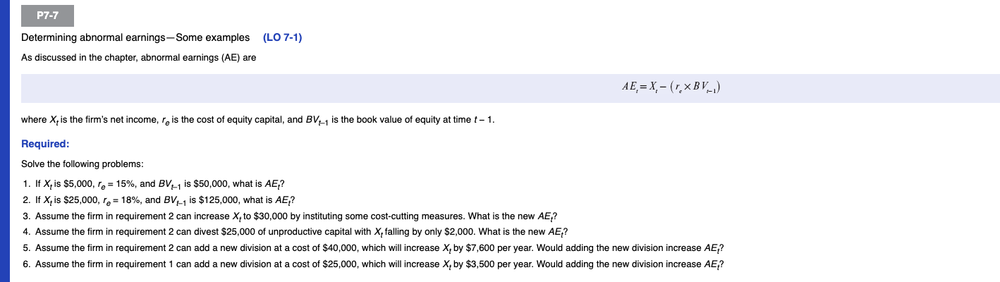 Solved AEt=Xt−(re×BVt−1) where Xt is the firm's net income, | Chegg.com