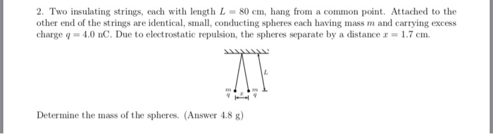 Solved 2. Two insulating strings, each with length L 80 cm, | Chegg.com