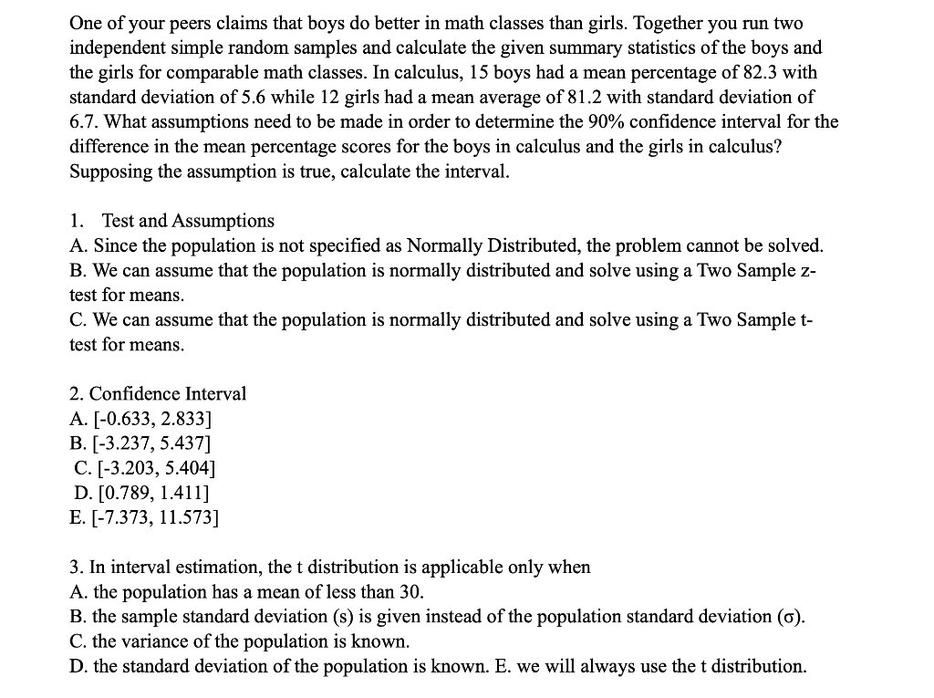 Solved One Of Your Peers Claims That Boys Do Better In Math Chegg
