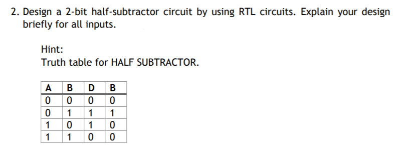 Solved 2. Design a 2-bit half-subtractor circuit by using | Chegg.com