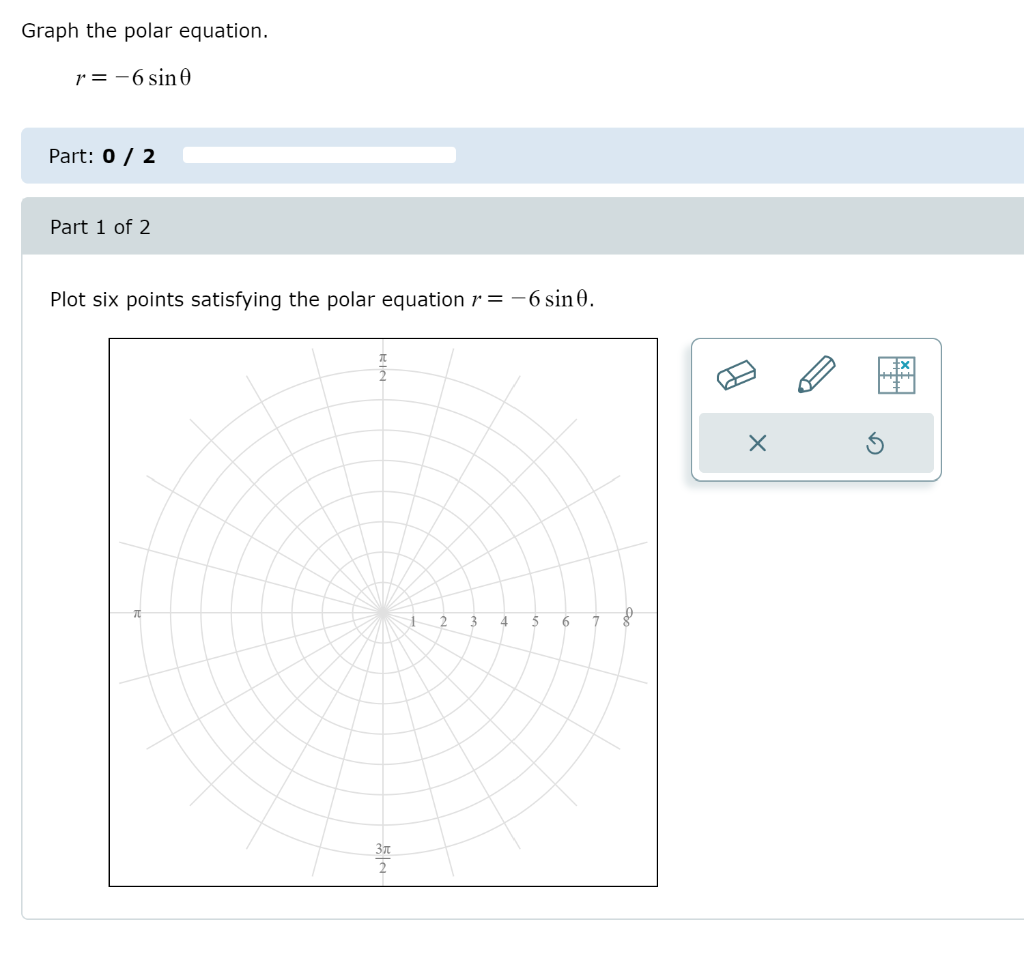 Solved Graph the polar equation. r=-6 sine Part: 0/2 Part 1 | Chegg.com