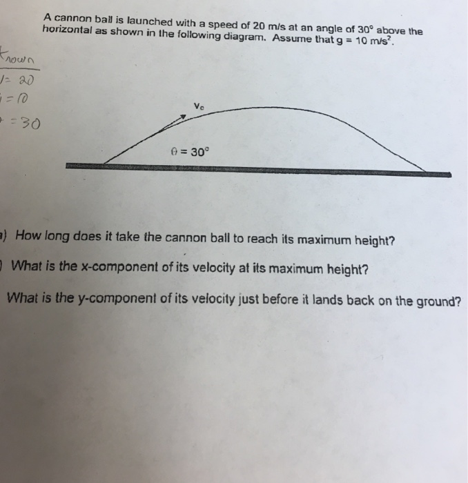 Solved A cannon ball is launched with a speed of 20 m/s at | Chegg.com