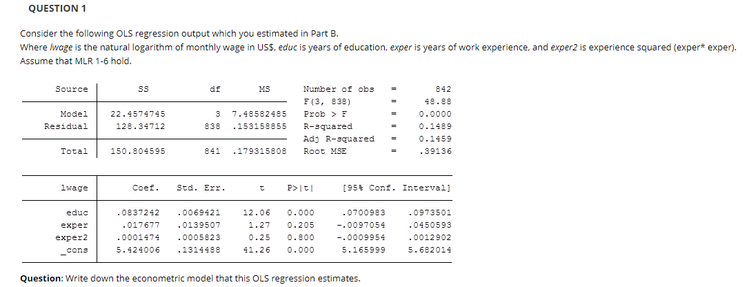 Solved QUESTION 1 Consider the following OLS regression | Chegg.com