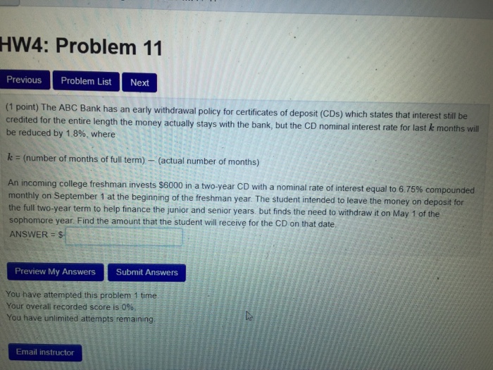 Solved HW4: Problem 11 Previous Problem List Next (1 point) | Chegg.com