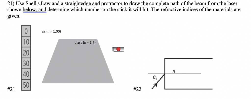 Solved 21) Use Snell's Law and a straightedge and protractor | Chegg.com
