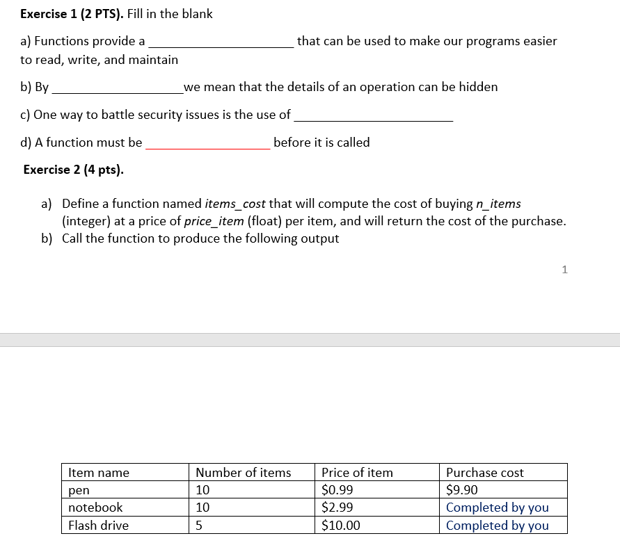 Solved Exercise 1 (2 PTS). Fill in the blank a) Functions | Chegg.com