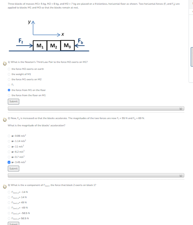 Solved Three blocks of masses M1=5 kg,M2=8 kg, and M3=7 kg | Chegg.com