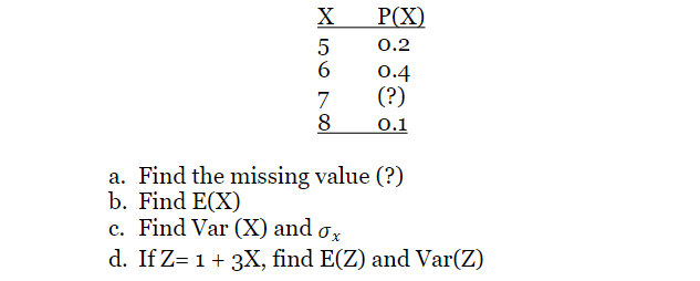 Solved a. Find the missing value (?) b. Find E(X) c. Find | Chegg.com