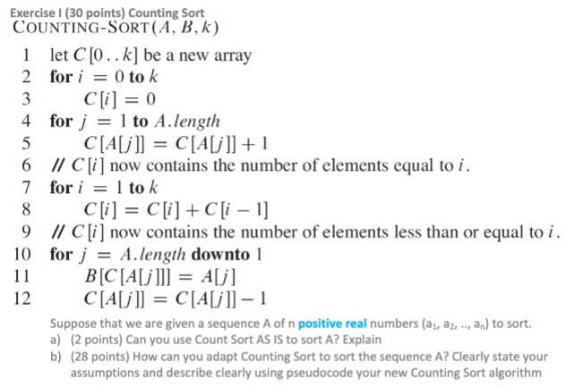 Solved Exercise (30 points) Counting Sort COUNTING-SORT(A, | Chegg.com