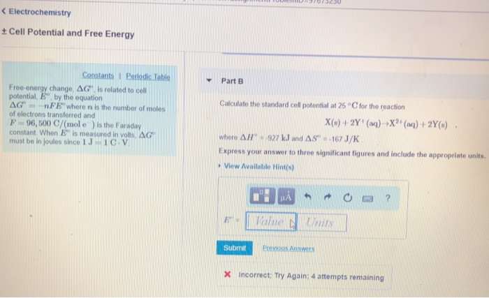 Solved (Electrochemistry ±Cell Potential and Free Energy | Chegg.com