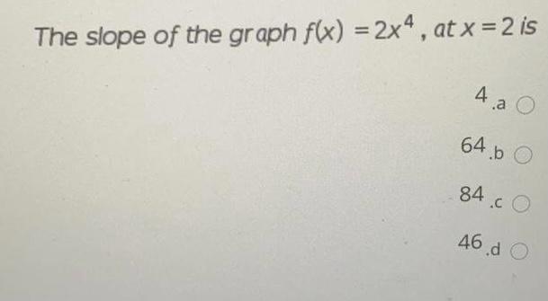 Solved The slope of the graph f(x) = 2x4, at x = 2 is 4а О | Chegg.com