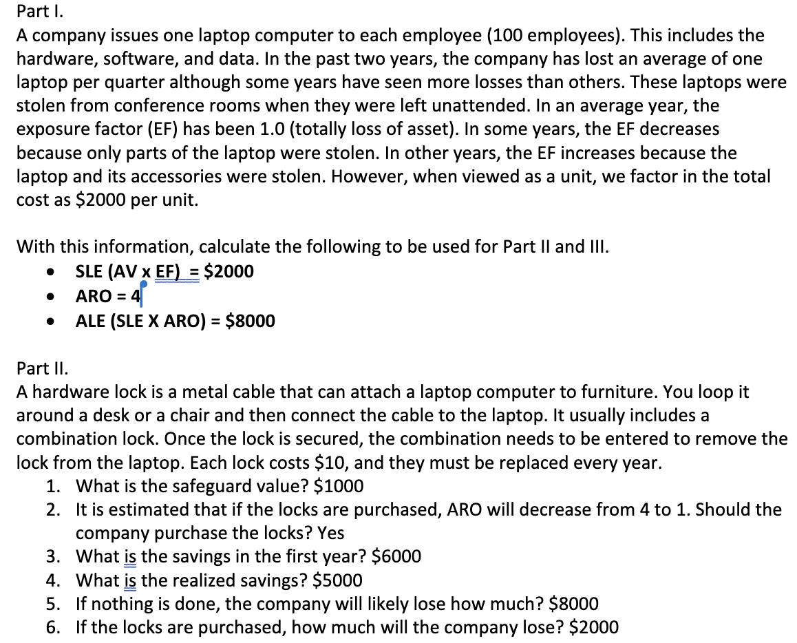 Part I. A company issues one laptop computer to each | Chegg.com