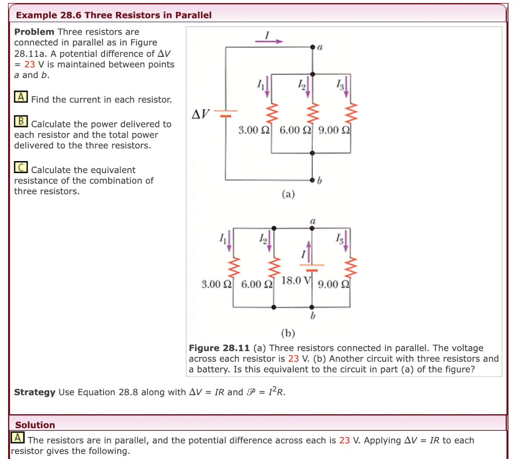 Solved Example 28.6 Three Resistors in Parallel Problem | Chegg.com