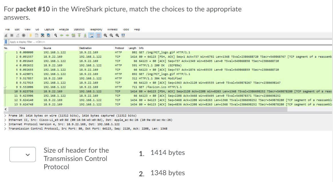 Solved For packet #10 in the WireShark picture, match the | Chegg.com