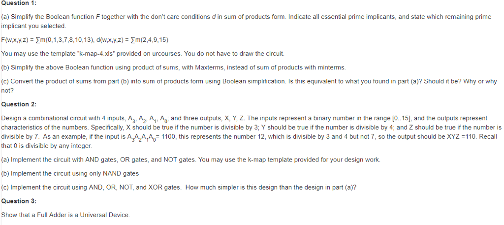 Solved Question 1 A Simplify The Boolean Function F 
