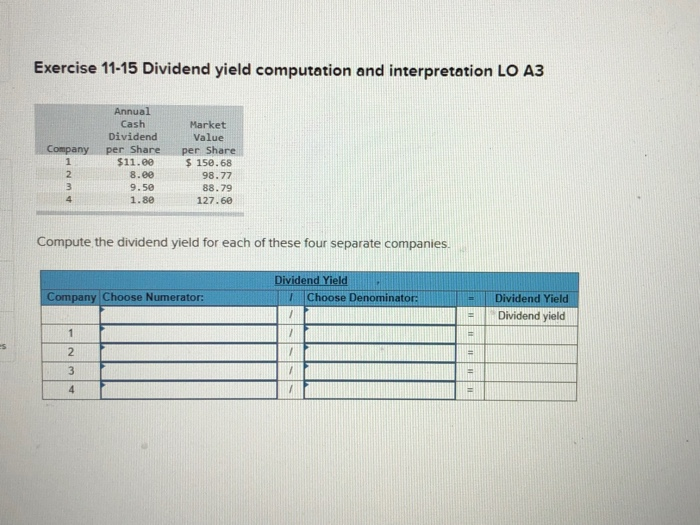 Solved Exercise 11-15 Dividend yield computation and | Chegg.com
