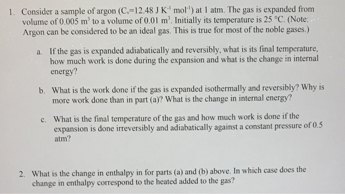 Solved 1. Consider a sample of argon (Cv-12.48 J K'1 mol') | Chegg.com