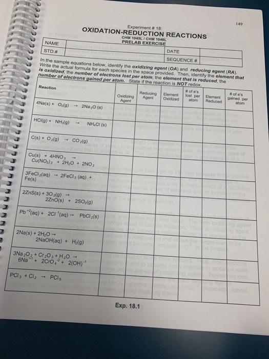 Solved e 149 Experiment # 18: OXIDATION-REDUCTION REACTIONS | Chegg.com