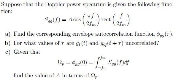 Solved Suppose that the Doppler power spectrum is given the | Chegg.com