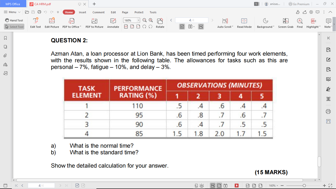 Solved What is the normal time? What is the standard | Chegg.com