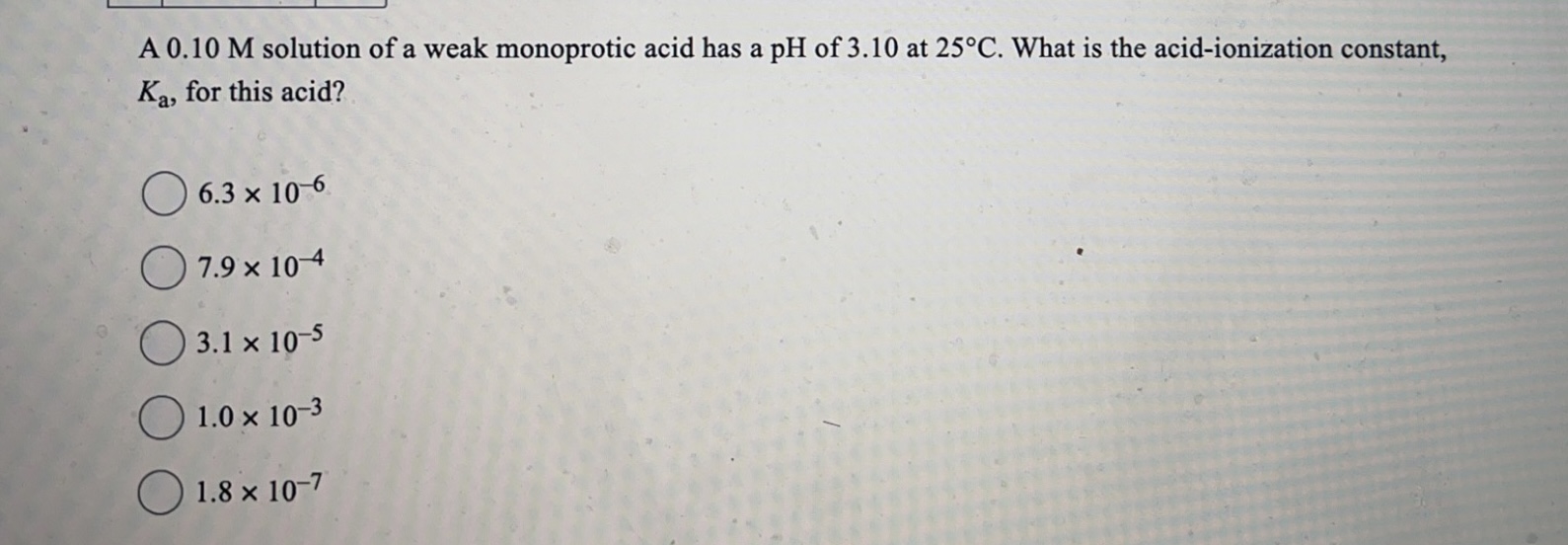Solved A 0.10M solution of a weak monoprotic acid has a pH | Chegg.com