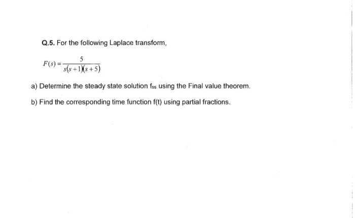 Solved For the following Laplace transform, F(s) = 5/s(s + | Chegg.com