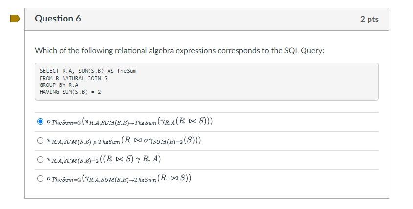 Solved Which of the following relational algebra expressions | Chegg.com