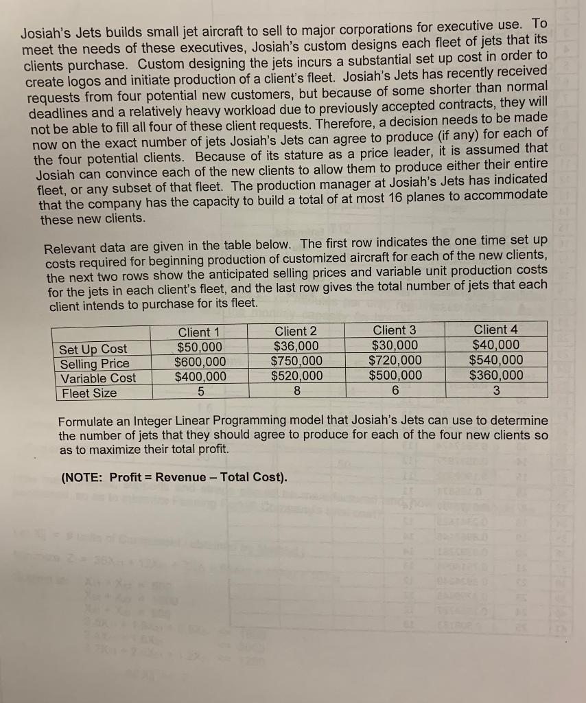 Solved Formulate, but do not solve the Josiahs Jets problem | Chegg.com
