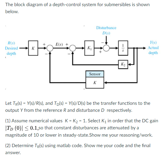 Solved The block diagram of a depth control system for | Chegg.com