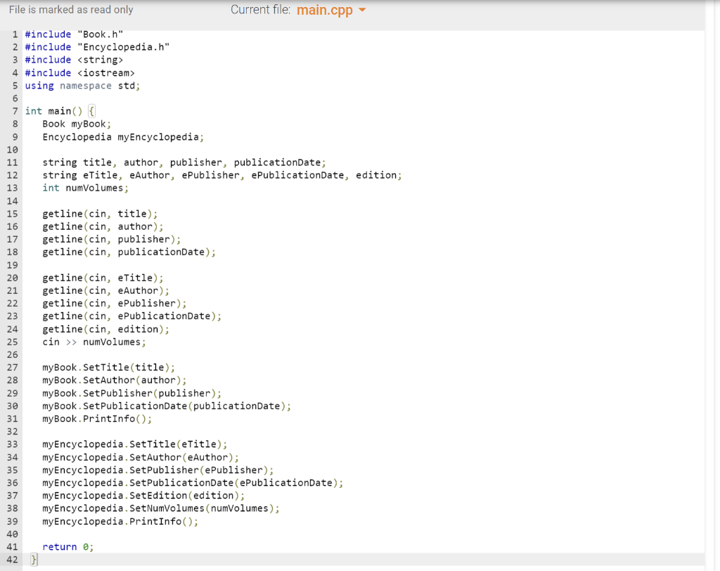 Solved Given main() and a base Book class, define a derived | Chegg.com