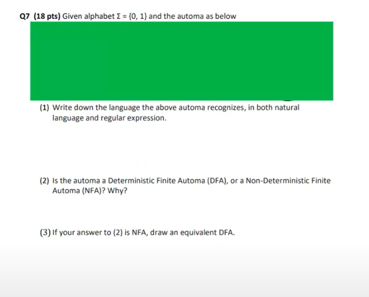 Solved (a)Q7 (18 pts) Given alphabet Σ={0,1} and the automa | Chegg.com