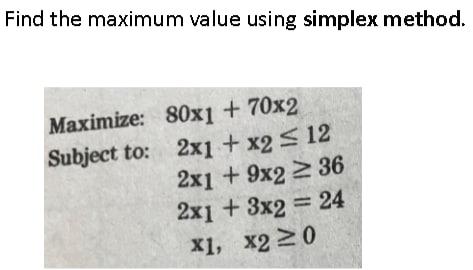 Solved Find the maximum value using simplex method. | Chegg.com