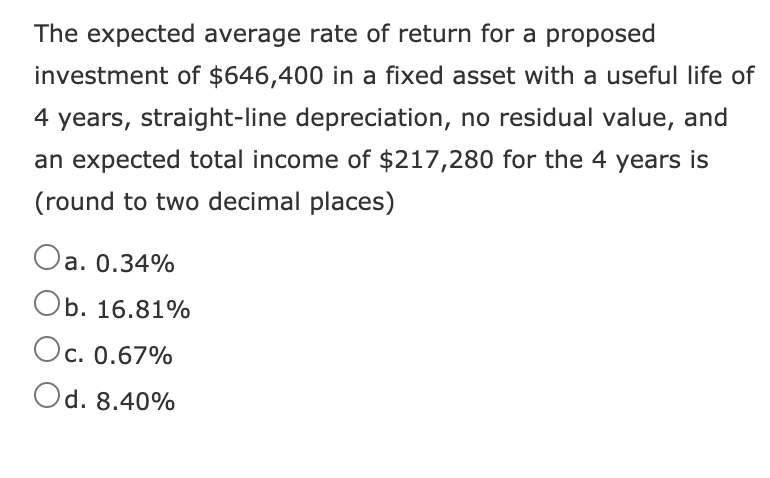 Solved The expected average rate of return for a proposed | Chegg.com