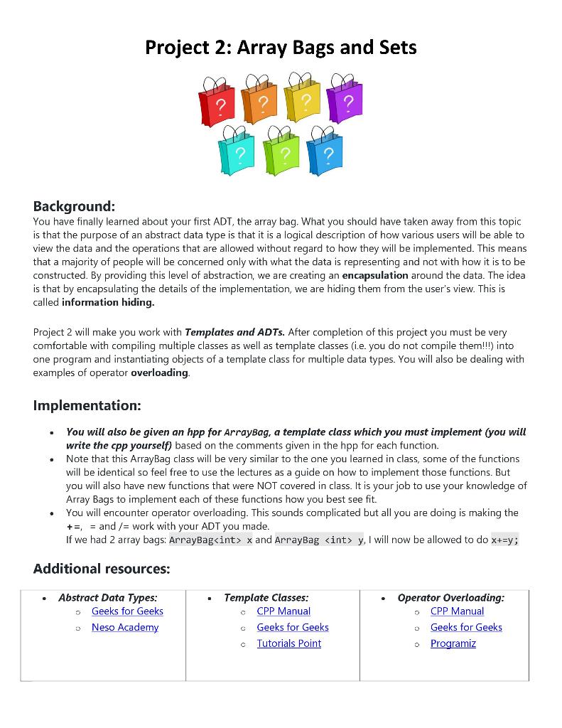 Solved Project 2: Array Bags and Sets Background: You have | Chegg.com