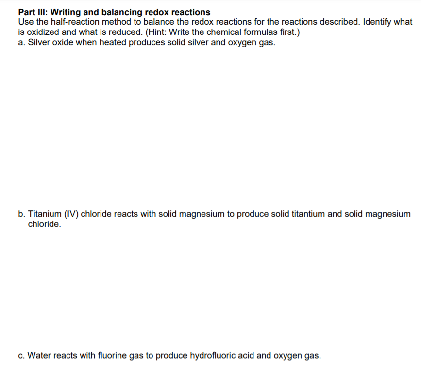 Solved Part III: Writing and balancing redox reactions Use | Chegg.com