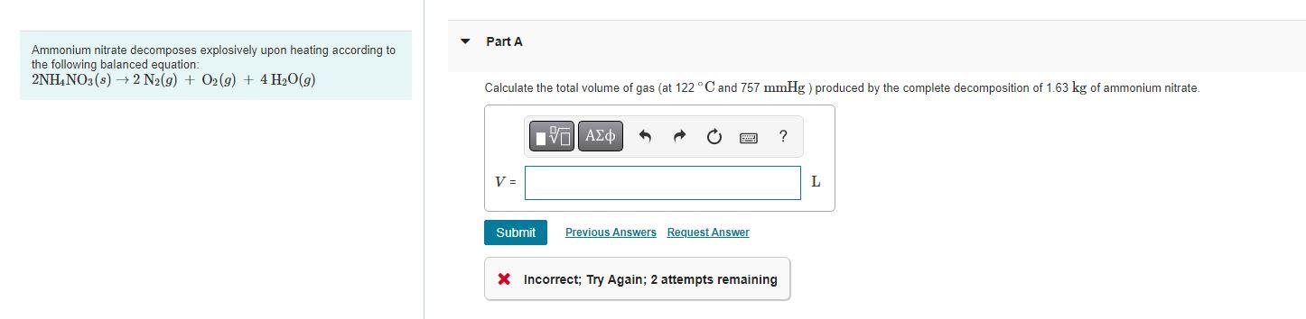 Solved Ammonium nitrate decomposes explosively upon heating | Chegg.com
