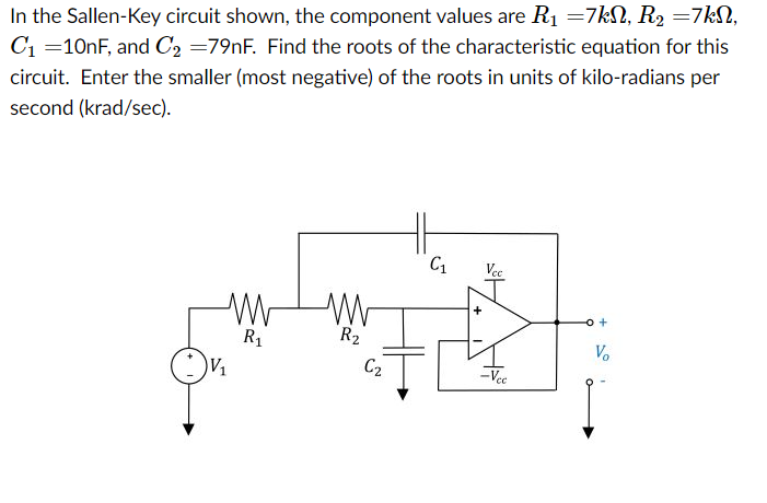 Solved In the Sallen-Key circuit shown, the component values | Chegg.com