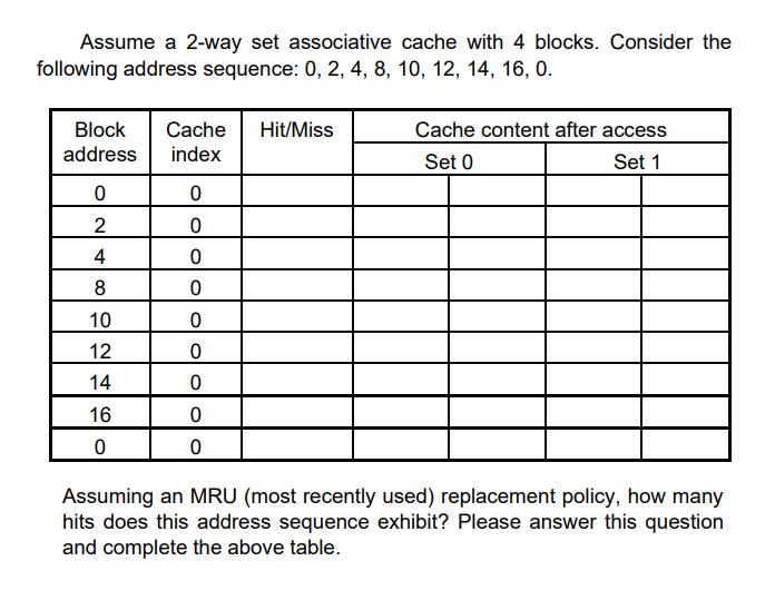 Assume a 2-way set associative cache with 4 blocks. | Chegg.com