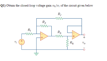 Solved Q1) Obtain the closed-loop voltage gain vo/v₁ of the | Chegg.com