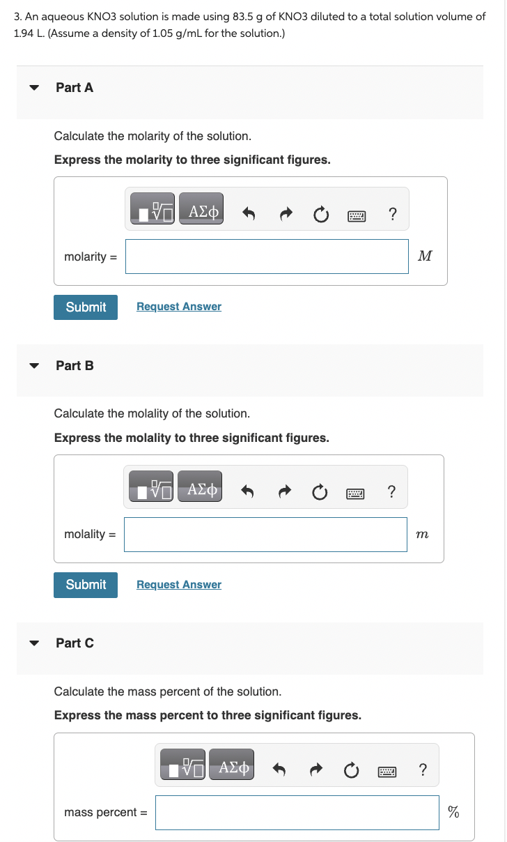 Solved 3. An aqueous KNO3 solution is made using 83.5 g of | Chegg.com