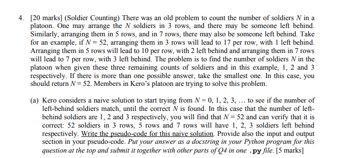 Solved 4. [20 marks] (Soldier Counting) There was an old | Chegg.com