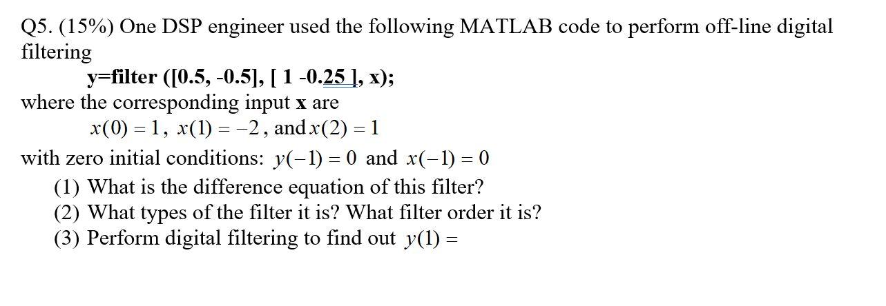 Solved Q5. (15%) One DSP engineer used the following MATLAB | Chegg.com