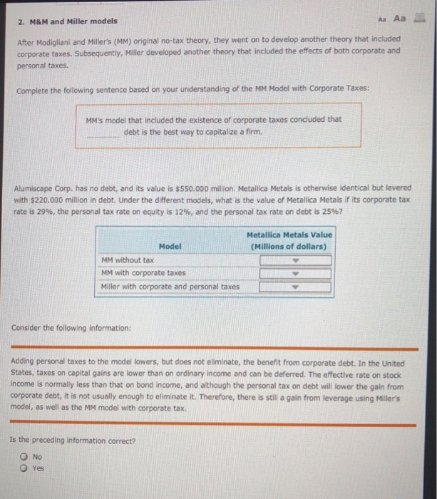 Solved 2. M&M and Miller models As Aa After Modigliani and | Chegg.com