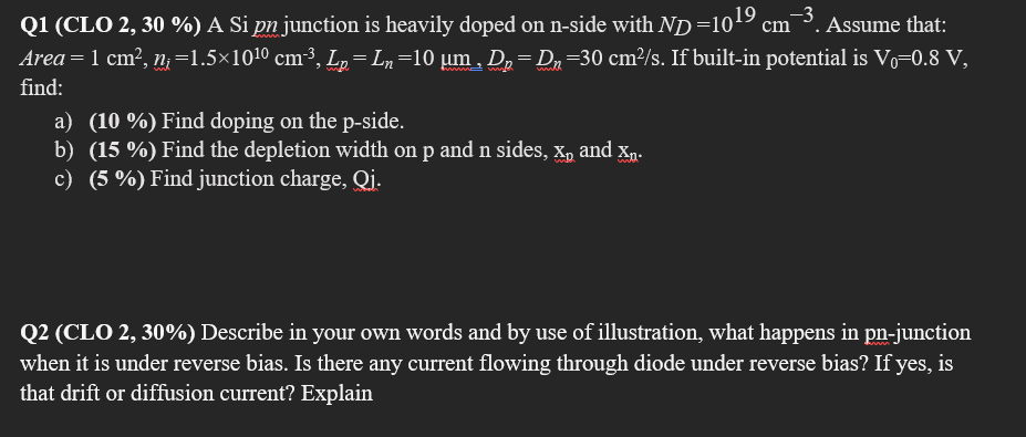 Solved Q1 (CLO 2, 30% ) A Si pn junction is heavily doped on | Chegg.com