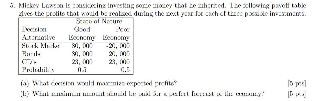 Solved 5. Mickey Lawson is considering investing some money | Chegg.com
