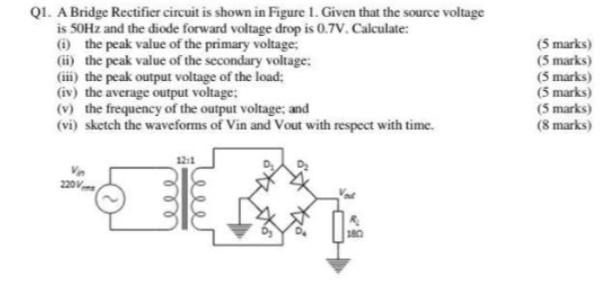 Solved Q1. A Bridge Rectifier circuit is shown in Figure 1. | Chegg.com