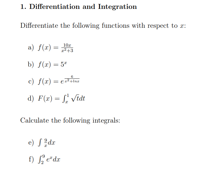 Solved 1. Differentiation and Integration Differentiate the | Chegg.com